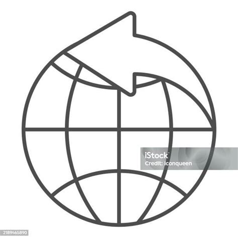 방향 화살표 와 세계 지구본 가는 선 아이콘 납품 개념 벡터 그래픽 흰색 배경에 행성과 주소 기호 모바일 또는 웹 디자인용 윤곽선 스타일 아이콘 3 명에 대한 스톡 벡터