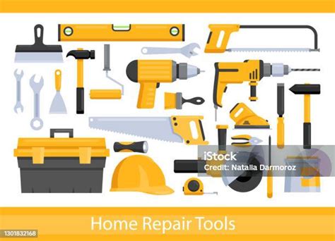 수리 작업자 도구 세트 건설 작업을위한 노란색 손 악기 장비 공구상자에 대한 스톡 벡터 아트 및 기타 이미지 공구상자 노랑