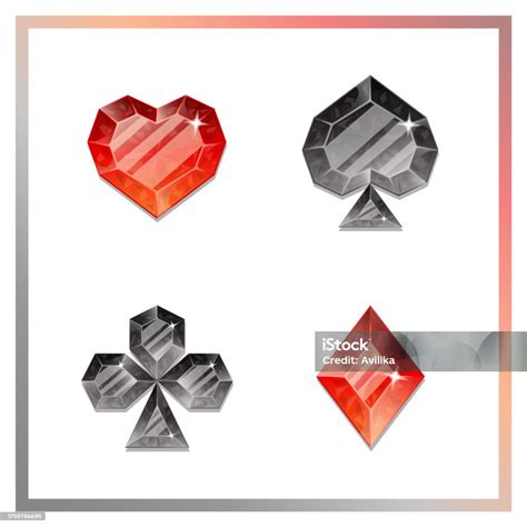 카드 놀이의 한 벌 스페이드 하트 클럽 다이아몬드 흰색 배경에 고립된 개체입니다 검은 색과 빨간색 크리스탈 4가지 개체에 대한 스톡 벡터 아트 및 기타 이미지 Istock