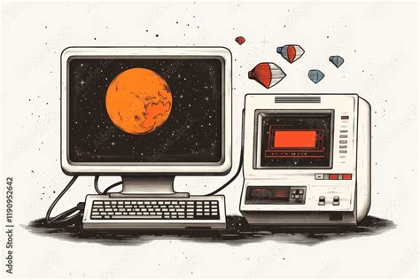 A Pixel Art Design Of A Monitor Connected By A Vga Cable With Tiny Nostalgic Details Like A