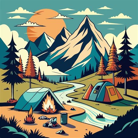 캠핑 불과 캠핑 불을 가진 캠핑 포스터 프리미엄 벡터