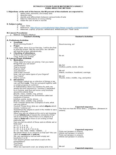 Detailed Lesson Plan In Mathematics Grade 7 1 Pdf Set Mathematics Ellipsis