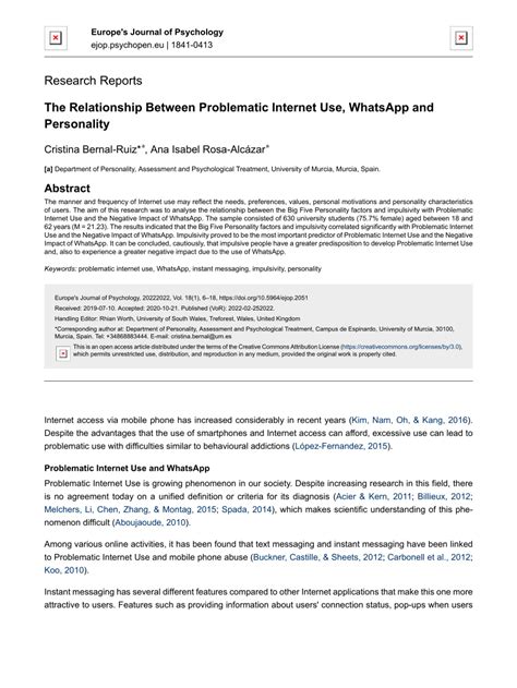 Pdf The Relationship Between Problematic Internet Use Whatsapp And Personality