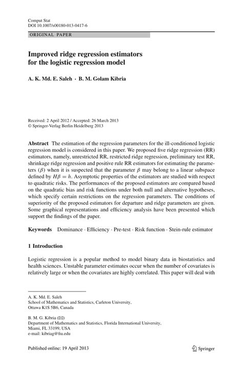 PDF Improved Ridge Regression Estimators For The Logistic Regression Model
