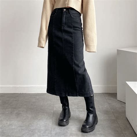 뒷 트임 허리밴딩 롱스커트 흑청치마 에이블리