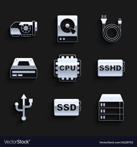 Set Processor With Cpu Ssd Card Server Data Vector Image