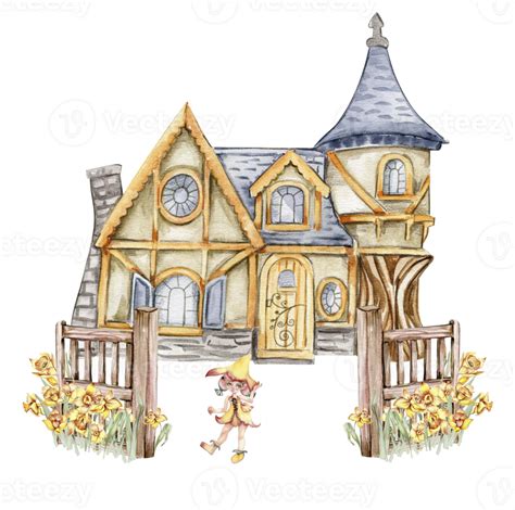 Acuarela Granja Composición Con Flores Casa En Dibujos Animados Estilo