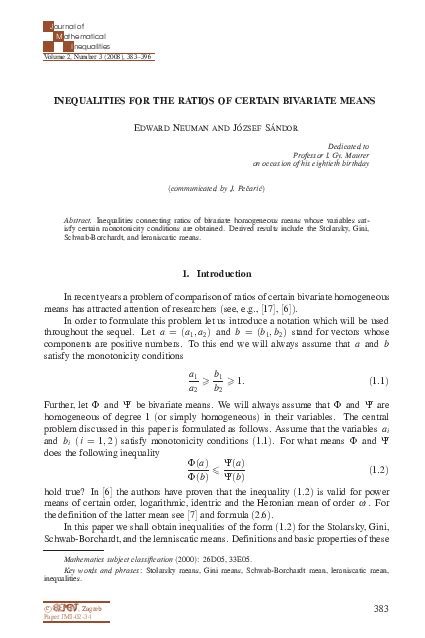 Pdf Inequalities For The Ratios Of Certain Bivariate Means