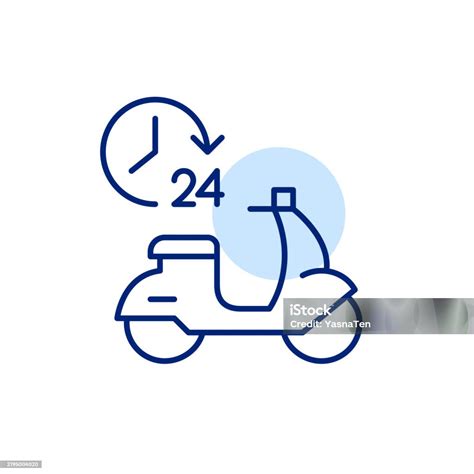 24시간 음식 및 소포 배달 스쿠터와 시계 완벽한 픽셀 편집 가능한 획 아이콘 24 시간 영업 표시에 대한 스톡 벡터 아트 및 기타 이미지 24 시간 영업 표시 24