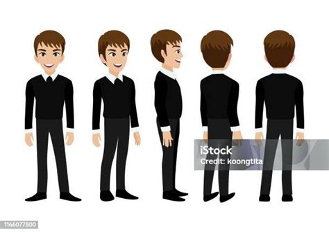 비즈니스 남자와 만화 캐릭터입니다 전면 측면 후면 34 뷰 애니메이션 캐릭터 플랫 벡터 그림입니다 감정에 대한 스톡 벡터 아트 및 기타 이미지 Istock