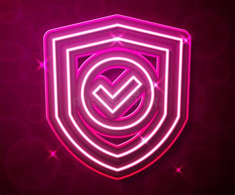 Glowing Neon Line Shield With Check Mark Icon Isolated On Red Background Protection Symbol