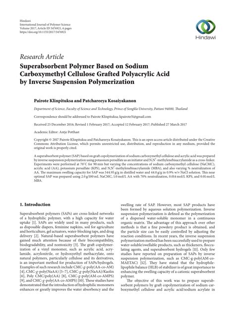Pdf Superabsorbent Polymer Based On Sodium Carboxymethyl Cellulose Grafted Polyacrylic Acid By