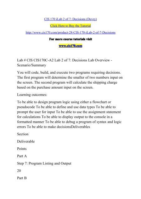 Cis 170 Ilab 2 Of 7 Decisions Devry
