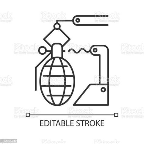 무기 산업 선형 아이콘입니다 방위 기술 군사 부문 무기 개발 생산 가는 선 그림입니다 등고선 기호입니다 벡터 절연 윤곽선 도면 편집 가능한 스트로크 개념에 대한 스톡 벡터