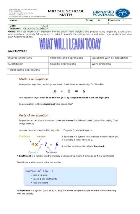 Doc Variables And Algebraic Expressions Dokumentips