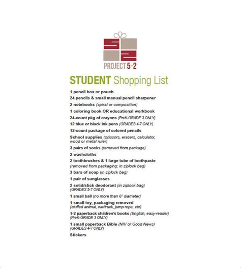 Sample Shopping List