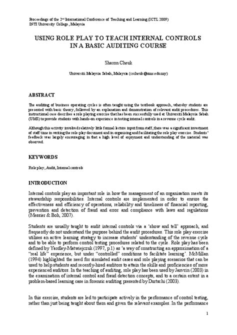 Doc Using Role Play To Teach Internal Controls In A Basic Auditing Course