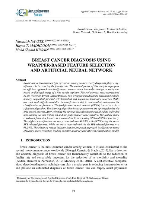 Pdf Breast Cancer Diagnosis Using Wrapper Based Feature Selection And Artificial Neural Network