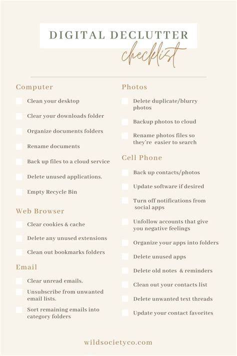 Digital Declutter Checklist Wild Society Declutter Checklist
