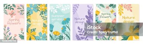 봄 꽃 정원 자연 배경 꽃 식물 풍경 여름 정글 잎 귀여운 단풍 낙서 세로 포스터 손으로 그린 식물 소셜 미디어 템플릿 벡터