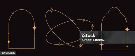 선형 미니멀리즘 미적 프레임과 별과의 경계의 벡터 집합입니다 원형 타원형 및 아치형 현대적인 기하학적 모양으로 소셜 미디어 장식 로고 디자인 템플릿 레이아웃을 위한 반짝임
