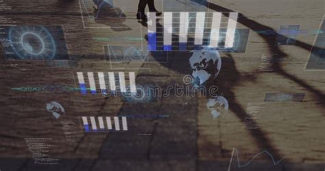 image of radars globes graphs computer language over low section of people walking on street