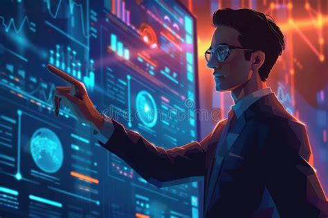 A Businessman In A Suit Interacts With A Large Digital Screen Filled With Data And Charts Stock