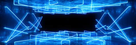 네온 빛이있는 추상적 인 파란색 인테리어 또는 복도 형광 미래 지향적 인 건축 배경 내부 공간을 조명 네온 램프의 3d 그림 디자인 프로젝트를 위한 모형 0명에 대한 스톡