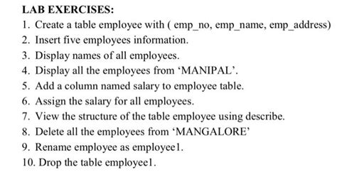 Solved LAB EXERCISES Create A Table Employee With Chegg