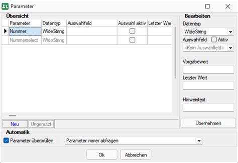 Sql Dialog Parameter Definieren