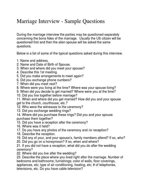 Sample Immigration Marriage Interview Questions Pdf Marriage Meal