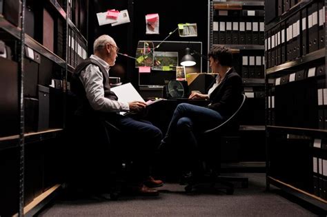Premium Photo Old Police Officer Showing Confidential Files To Investigator Discussing Crime