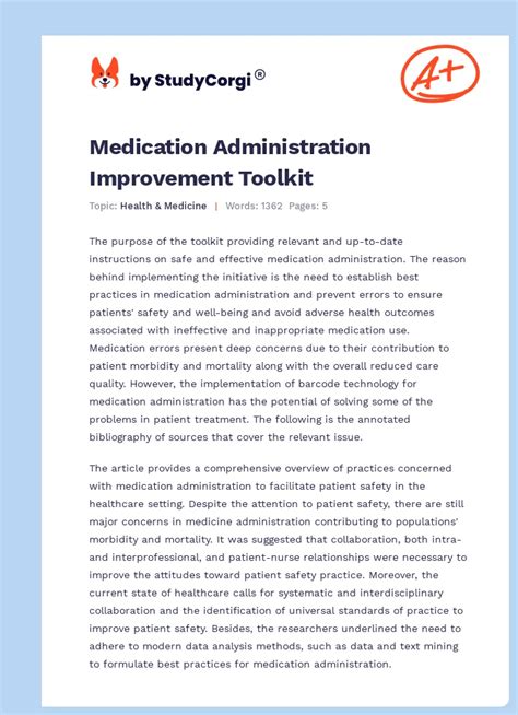 Medication Administration Improvement Toolkit Free Essay Example