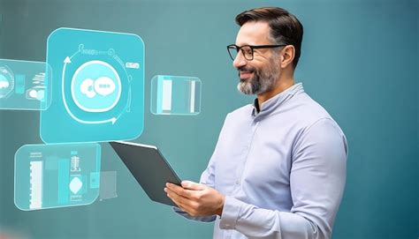 Premium Ai Image Futuristic Workspace Person Working With Floating Screens