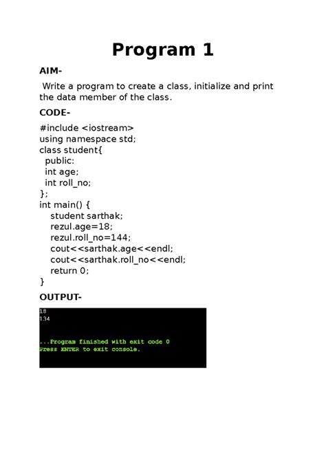 Oops File Oops Program 1 Aim Write A Program To Create A Class Initialize And Print The