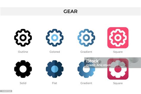 다른 스타일의 기어 아이콘 기어 벡터 아이콘은 윤곽선 솔리드 색상 그라디언트 및 플랫 스타일로 설계되었습니다 기호 아이콘 그림 벡터 일러스트 레이 션 0명에 대한 스톡 벡터