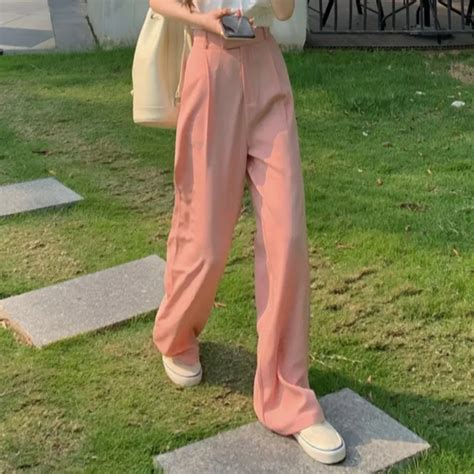 핑크 디자인 센스 틈새 하이 웨스트 드레이프 와이드 레그 팬츠 여성용 작은 느슨한 스트레이트 긴 바지 여름 Aliexpress