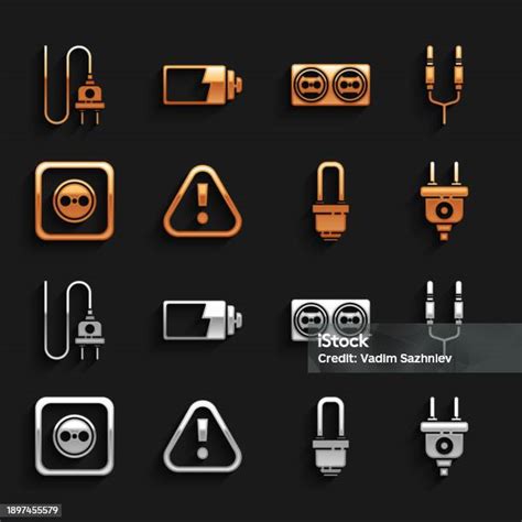 느낌표 오디오 잭 전기 플러그 Led 전구 전기 콘센트 및 배터리 충전량 표시기 아이콘으로 설정합니다 벡터 Led 조명에 대한 스톡 벡터 아트 및 기타 이미지 Istock