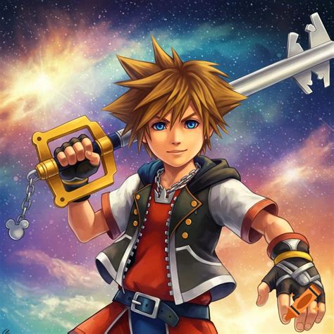 Silhouette Of Sora From Kingdom Hearts Holding A Keyblade Against A Vivid Sunset Sky With A City