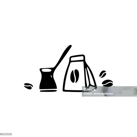 커피 양조 세즈브 커피 가방 및 커피 콩 주방 용품 기구의 흑백 일러스트레이션 웹 및 인쇄를 위한 낙서 벡터 디자인입니다 건강에