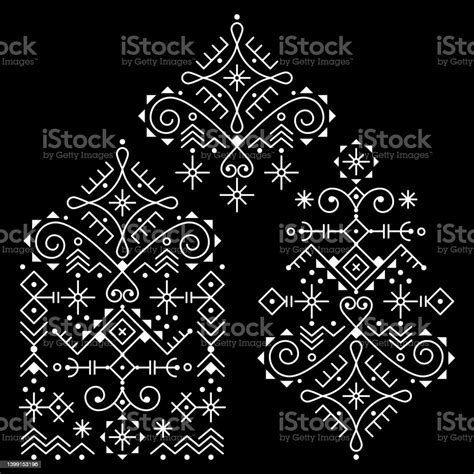 노르딕 바이킹 룬 아트에서 영감을 얻은 부족 라인 아트 벡터 패턴 세트는 검은 배경에 흰색의 기하학적 기호와 추상적 인 모양으로