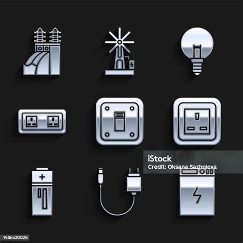 전등 스위치 충전기 보조 배터리 전기 콘센트 배터리 전구 및 원자력 발전소 아이콘을 설정합니다 벡터 0명에 대한 스톡 벡터 아트 및 기타 이미지 Istock