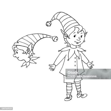 귀여운 작은 크리스마스 엘프 소년 벡터 핸드 그린 윤곽선 만화 문자 새해 와 Xmas 디자인 인사말 카드 달력 인쇄 어린이 색칠 공부에 대한 간단한 그림 12월에 대한 스톡