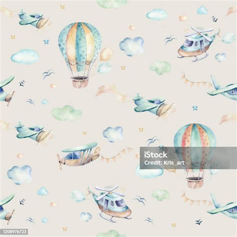 비행기 헬리콥터 비행기와 풍선 구름완료 귀여운 만화와 멋진 하늘 장면의 수채화 세트 배경 그림 소년 매끄러운 패턴입니다 그것은 베이비 샤워 디자인입니다 비행기에 대한 스톡