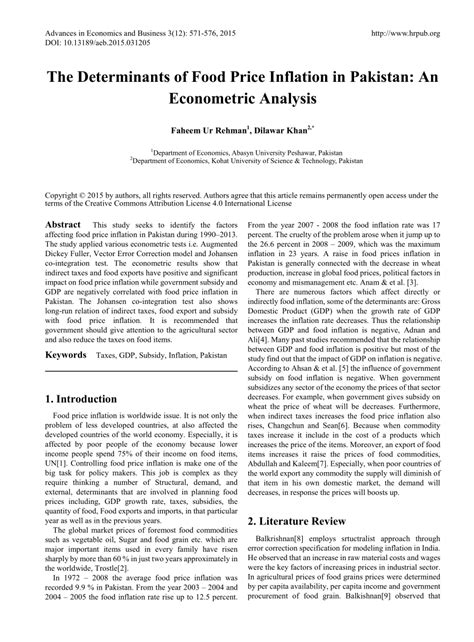 Pdf The Determinants Of Food Price Inflation In Pakistan An Econometric Analysis