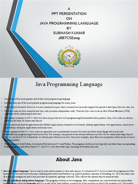 A Ppt Persentation On Java Programming Language By Subhash Kumar 18btcse009 Pdf Java