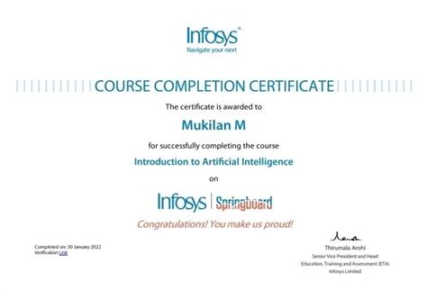 Successfully Completed Course In Introduction To Artificial