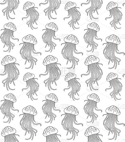 矢量无缝模式手绘涂鸦素描水母