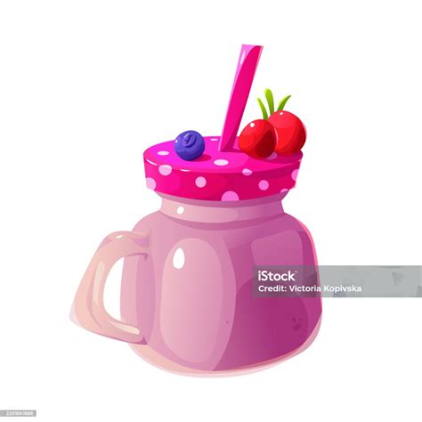 블루베리와 체리를 곁들인 유리병에 담긴 과일 스무디 손잡이가 달린 칵테일을 위한 빨대가 달린 유리잔 달콤한 음료의 귀여운 만화