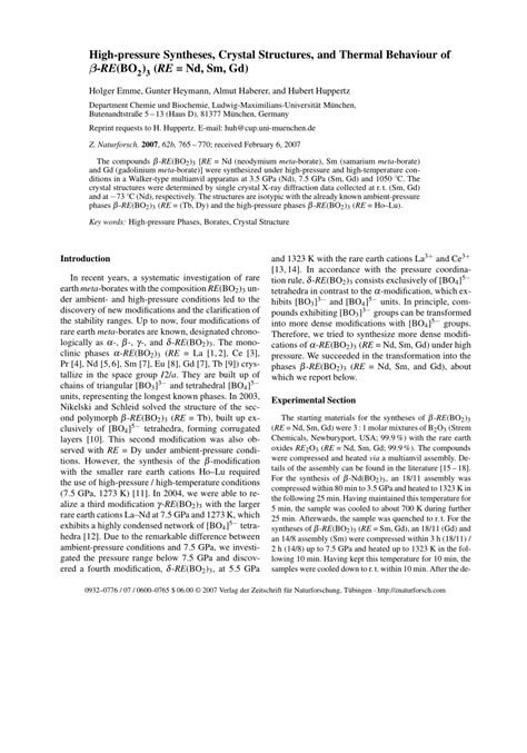 Pdf High Pressure Syntheses Crystal Structures And Thermal Behaviour Of β Re Bo 2 3 Re